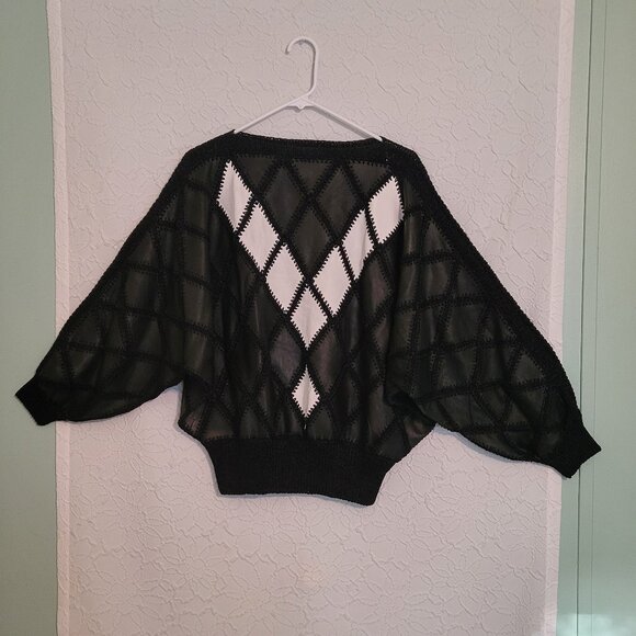 Sweaters | Vintage 8s Crochet Black White Leather Patchwork Batwing ...